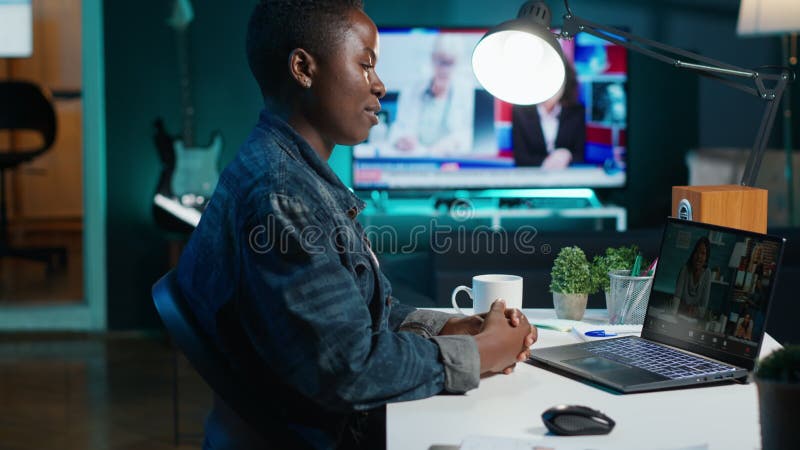Cheerful Worker Waving Hand, Greeting Coworkers in Teleconference Stock ...