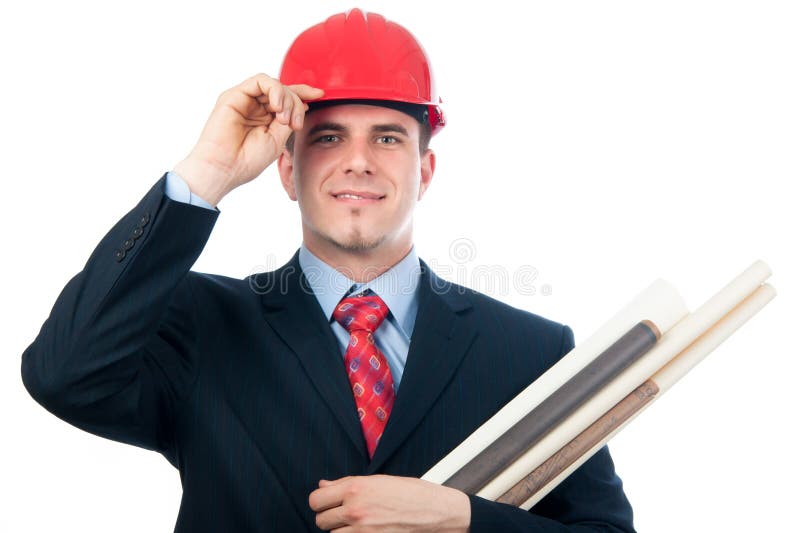 Smiling Engineer with Hard Hat and Blueprints Stock Image - Image of ...