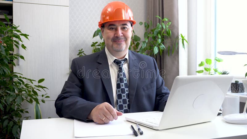 Smiling Engineer in Hard Hat at Computer Shows Thumbs Up Stock Video ...