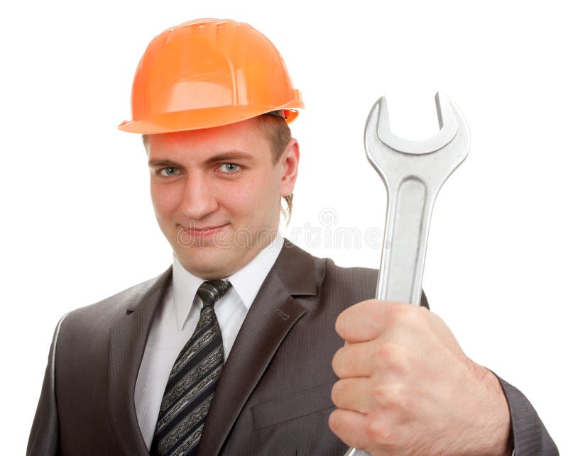 Smiling Engineer in Hardhat with Spanner Stock Photo - Image of ...