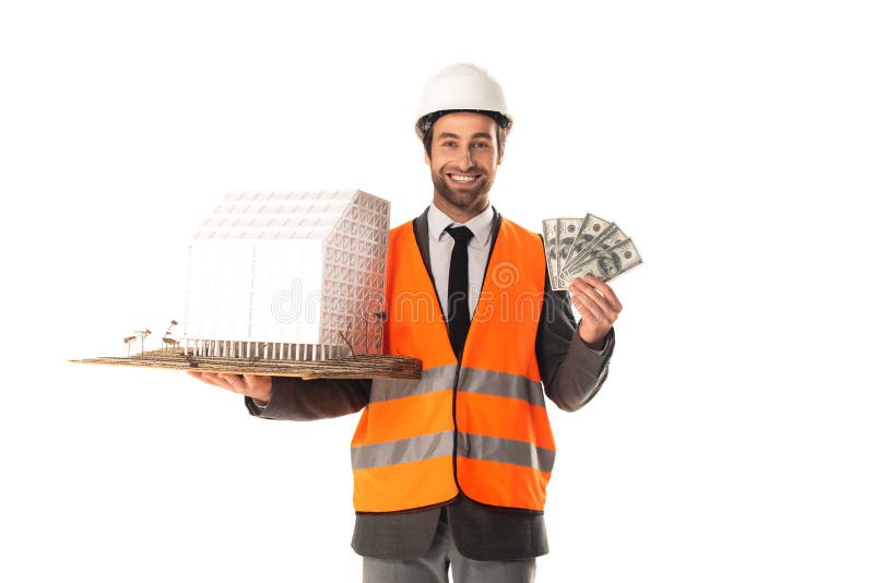 Smiling Engineer Holding Model of Building Stock Image - Image of money ...