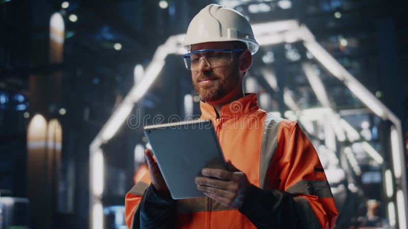 Smiling Engineer Making Inspection Production Workshop with Pad ...