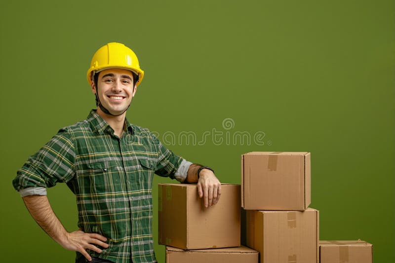 Smiling Engineer Posing with Hand on Hip Near Stacked Cardboard Boxes ...