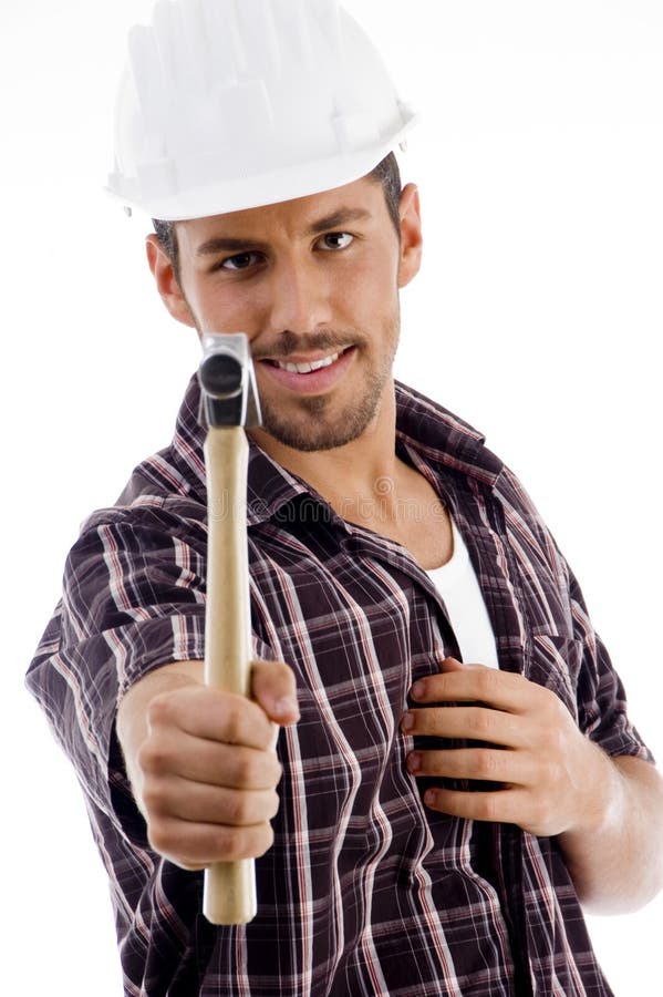 Engineer with Hammer Tool. Muscular Worker with Hammer Brick Wall ...