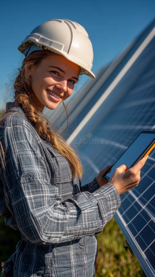 Smiling Engineer with Tablet at Solar Panel Field for Renewable Energy ...
