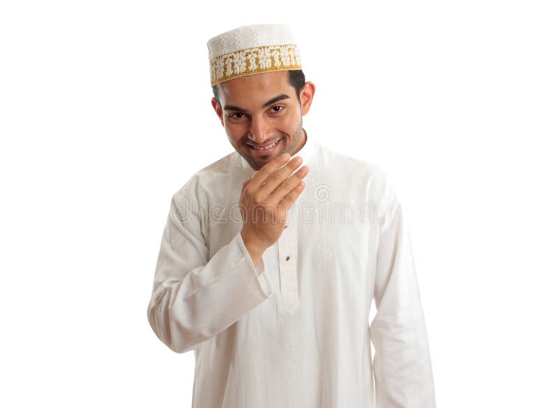 Smiling Ethnic Man in Traditional Robe and Topi Stock Photo - Image of ...
