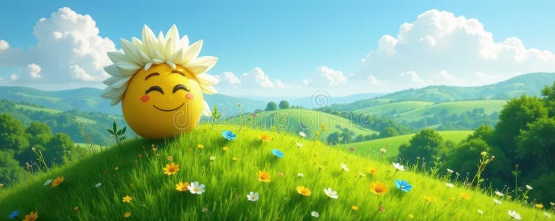 Smiling Face Atop Verdant Hill, Bright Sunny Day, Sky, Sun Stock ...