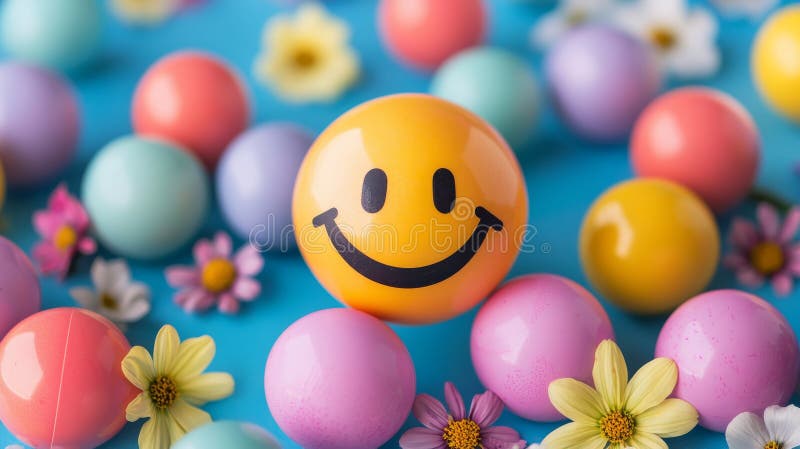 A Smiling Face Emoji Framed by Bright Balls and Flowers in a Cheerful ...