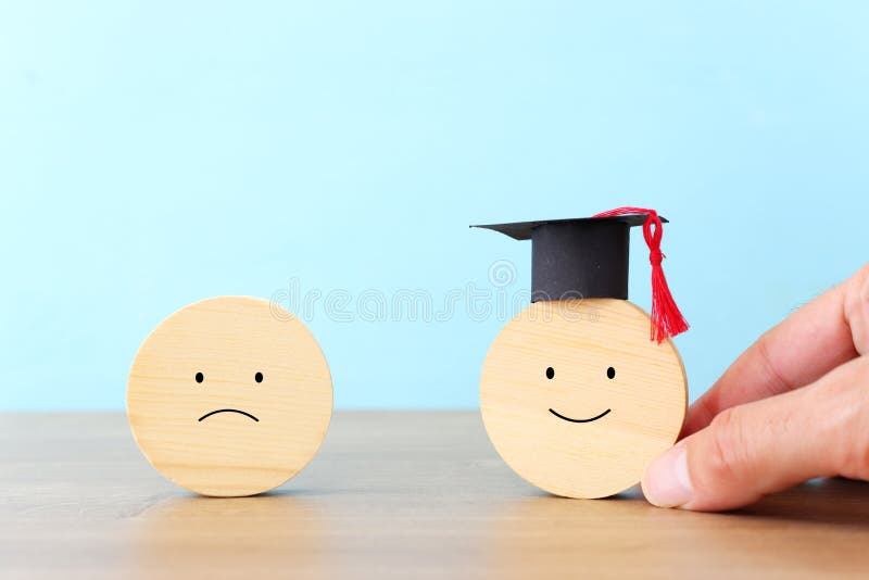A Smiling Face with a Graduation Cap, in Front of a Sad Face. Concept ...