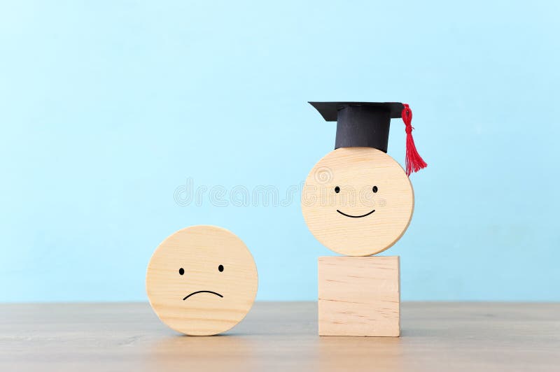 A Smiling Face with a Graduation Cap, in Front of a Sad Face. Concept ...