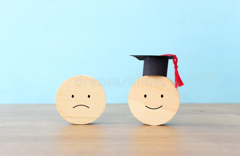 A Smiling Face with a Graduation Cap, in Front of a Sad Face. Concept ...