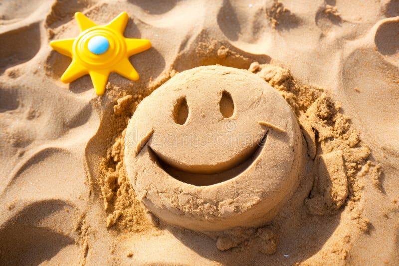 Smiling Face Made of Sand on the Beach with a Starfish Stock Photo ...