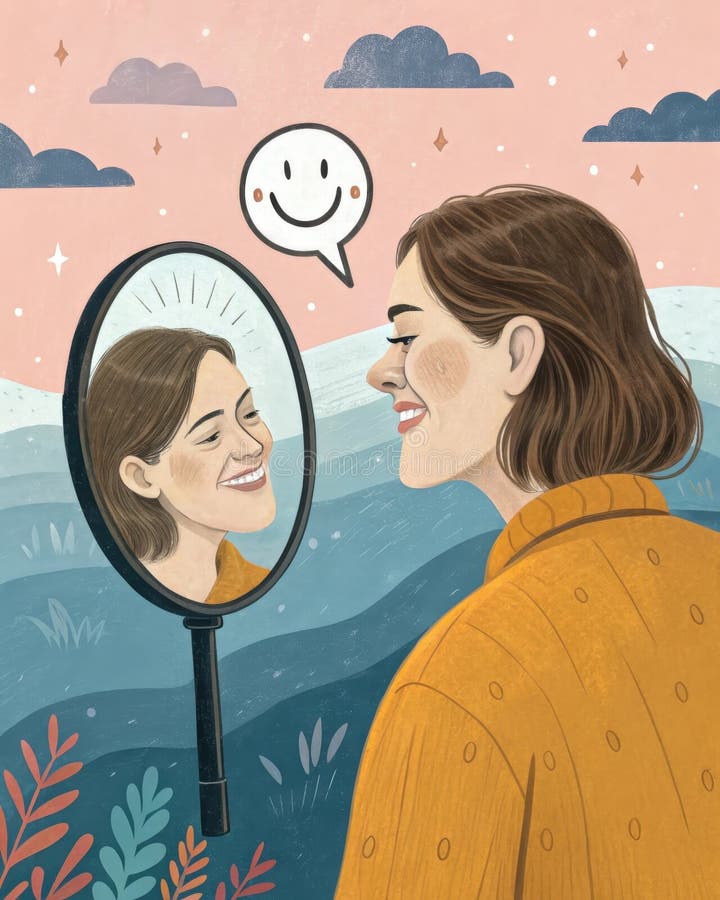 A Smiling Face in the Mirror Juxtaposed with a Frown in the Reflection ...