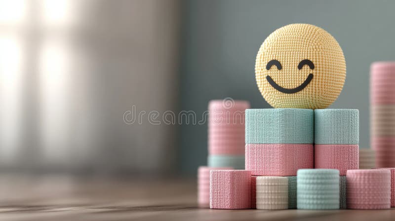 A Smiling Face Sphere Atop Pastel-colored Textured Blocks, Creating a ...