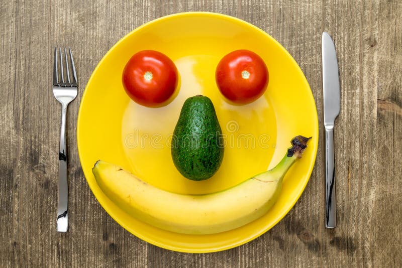 Smiling Face from Vegetables and Fruits on Plate Stock Photo - Image of ...