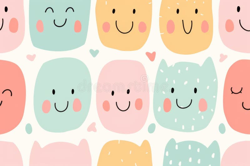 Smiling Faces Pattern, Pastel Colors, Simple Shapes, Cute and Happy ...
