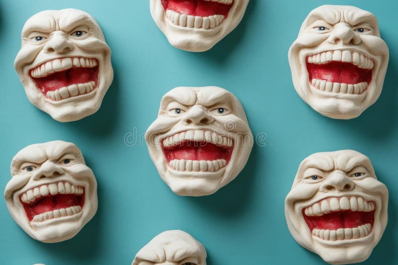 Smiling Faces Show Teeth and Happiness on Blue Background. Plaster Art ...