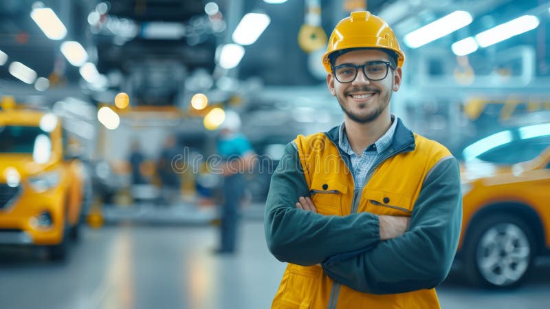 Smiling Factory Worker in Industrial Setting Stock Illustration ...