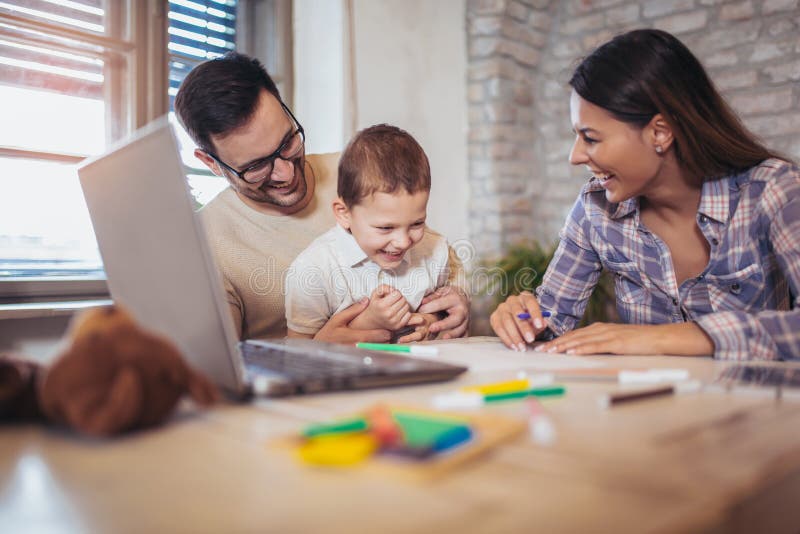 Smiling Family Drawing Together Stock Image - Image of indoors, little ...