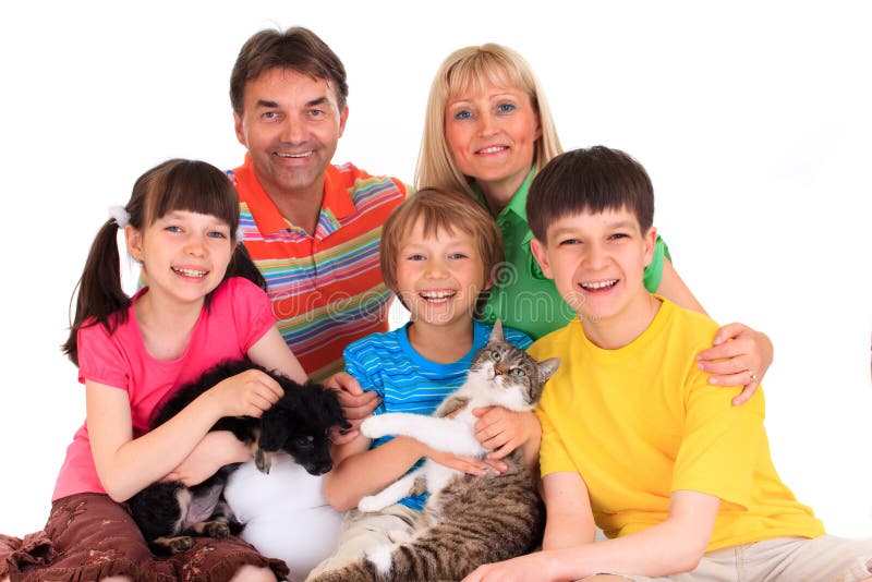Smiling family with pets stock image. Image of child, colors - 9656529