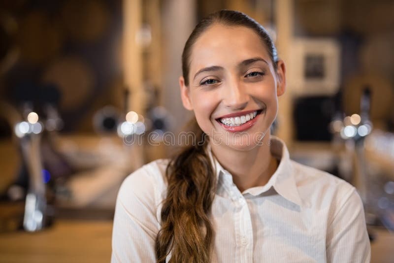 Smiling Manager and Bartender Standing at Bar Counter Stock Image ...
