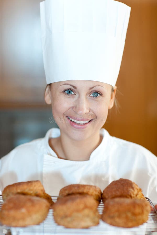 Smiling Female Chef Baking Scones Stock Image - Image of dressed ...