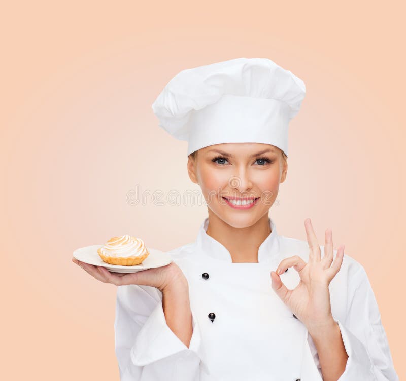 Smiling Female Chef With Cake On Plate Stock Image - Image of meal ...