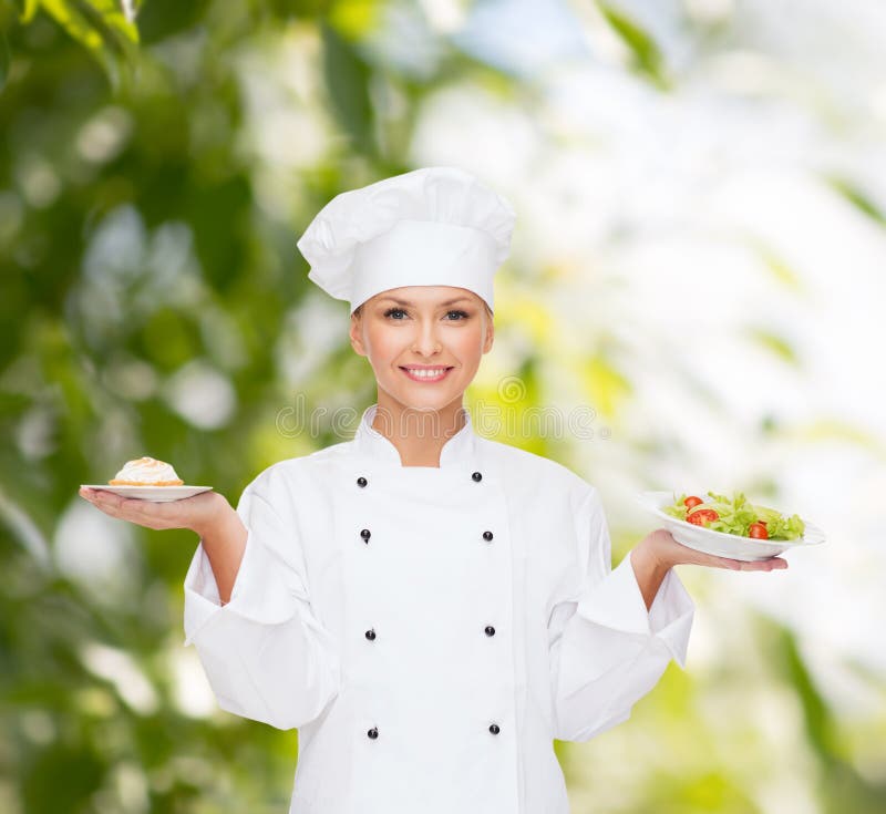 Smiling Female Chef with Salad and Cake on Plates Stock Image - Image ...