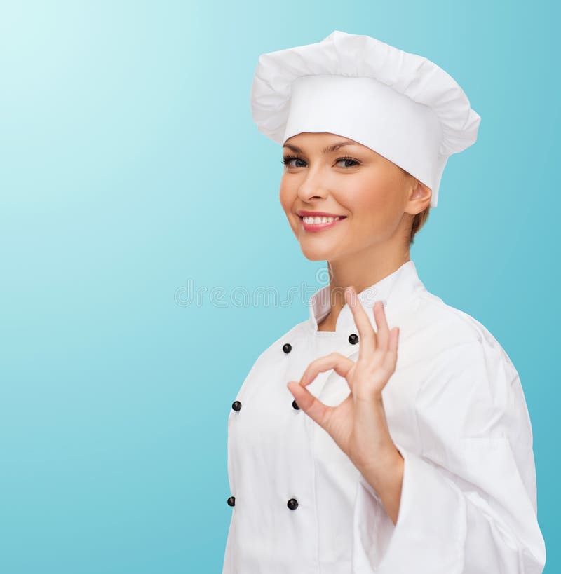 Smiling Female Chef Showing Ok Hand Sign Stock Image - Image of female ...