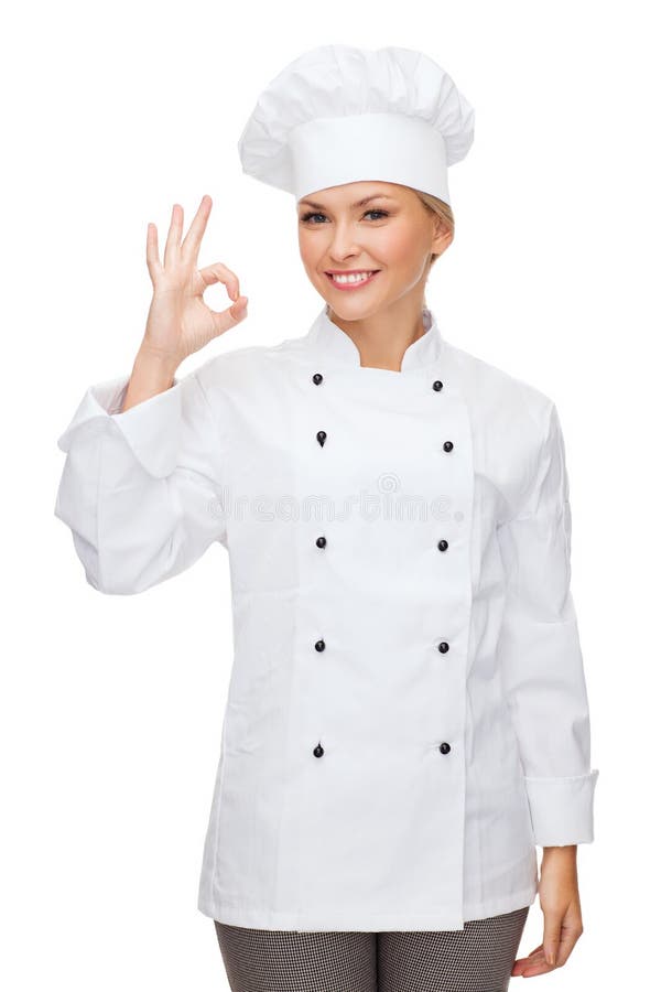 Smiling Female Chef Showing Ok Hand Sign Stock Photo - Image of ...