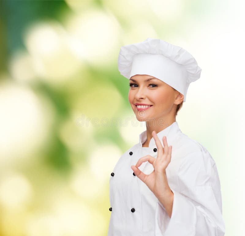 Smiling Female Chef Showing Ok Hand Sign Stock Photo - Image of perfect ...