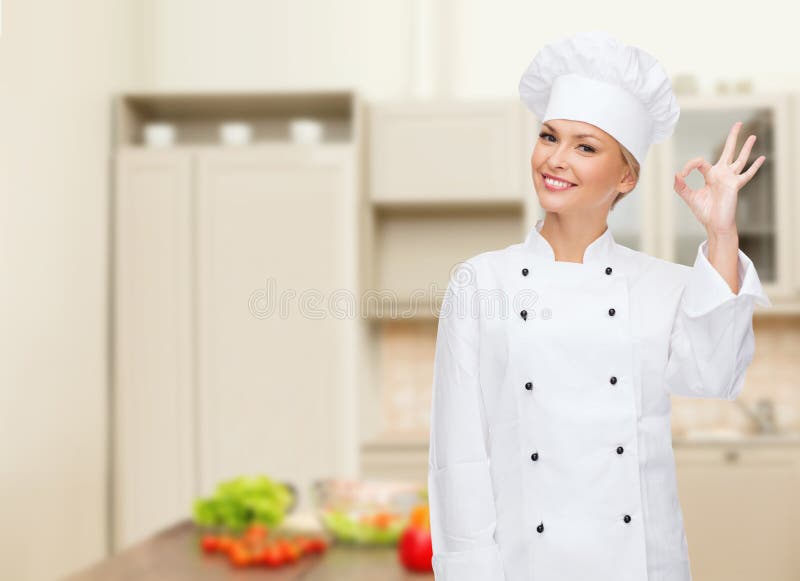 Smiling Female Chef Showing Ok Hand Sign Stock Photo - Image of home ...