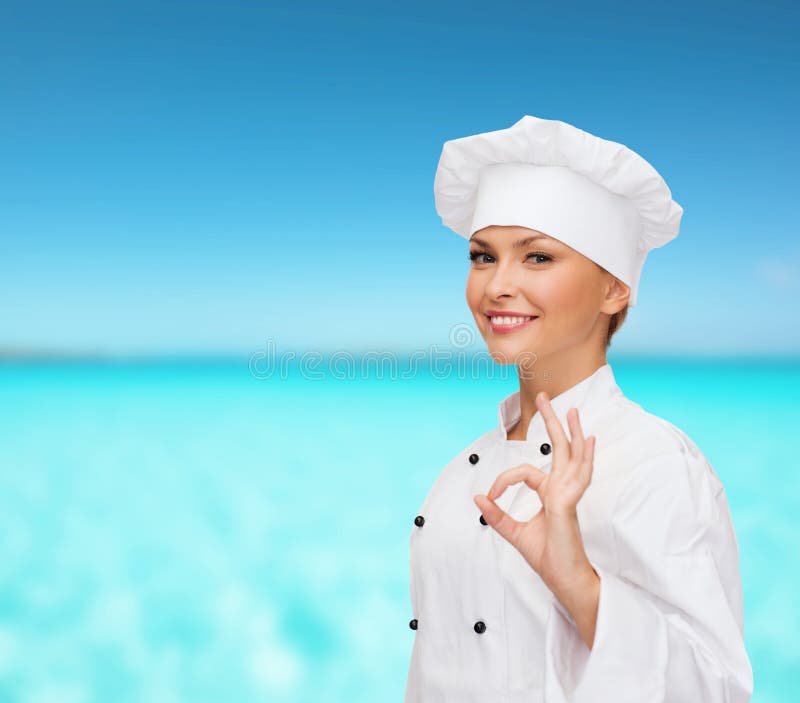 Smiling Female Chef Showing Ok Hand Sign Stock Image - Image of gourmet ...