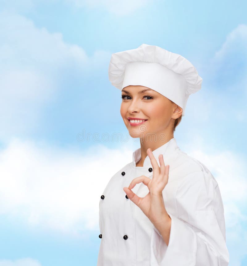 Smiling Female Chef Showing Ok Hand Sign Stock Photo - Image of people ...