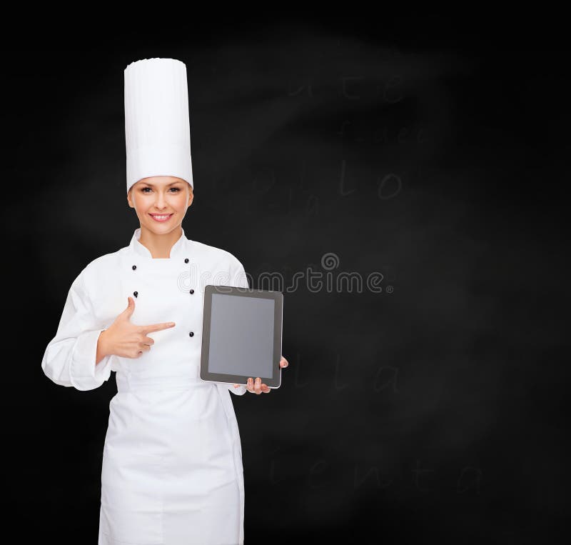 Smiling Female Chef with Tablet Pc Blank Screen Stock Photo - Image of ...