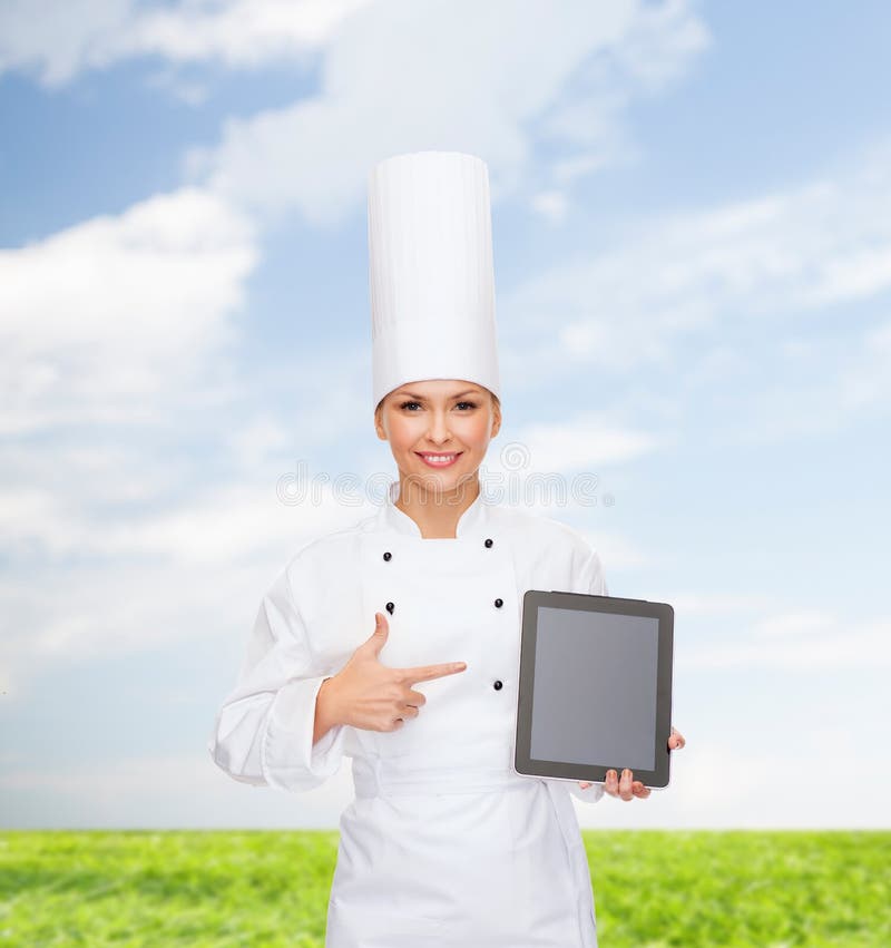 Smiling Female Chef with Tablet Pc Blank Screen Stock Photo - Image of ...