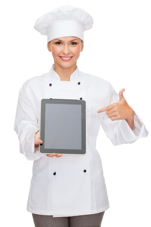 Smiling Female Chef with Tablet Pc Blank Screen Stock Image - Image of ...