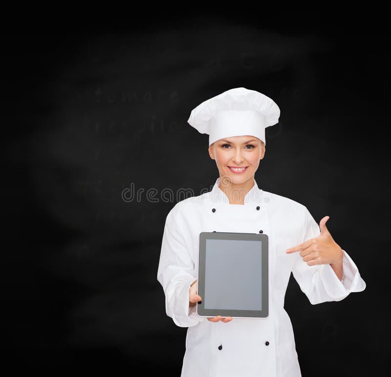 Smiling Female Chef with Tablet Pc Blank Screen Stock Image - Image of ...