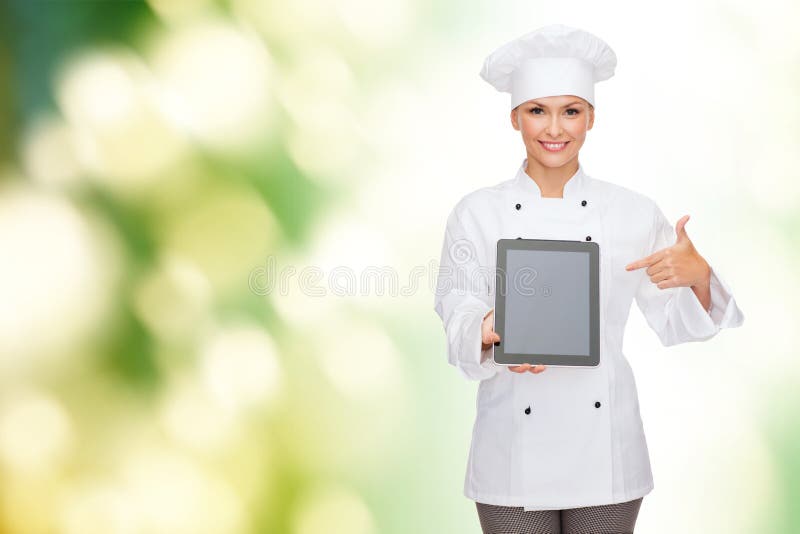 Smiling Female Chef with Tablet Pc Blank Screen Stock Image - Image of ...