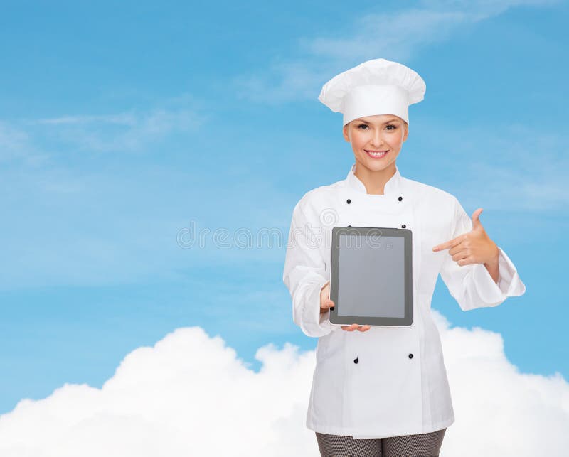Smiling Female Chef with Tablet Pc Blank Screen Stock Photo - Image of ...