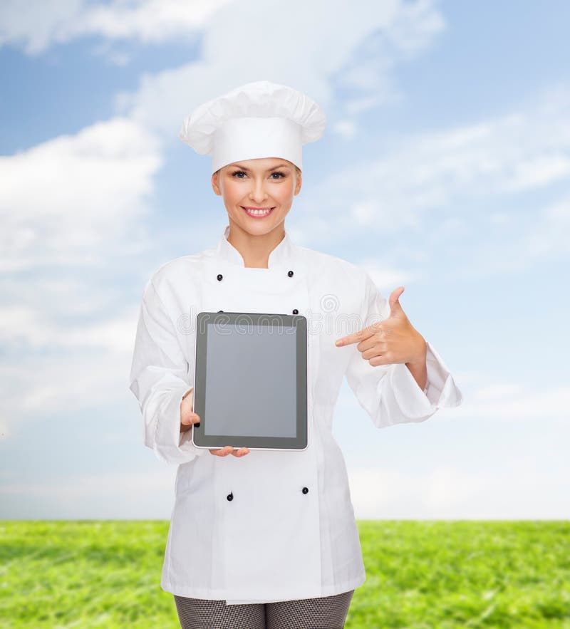 Smiling Female Chef with Tablet Pc Blank Screen Stock Image - Image of ...