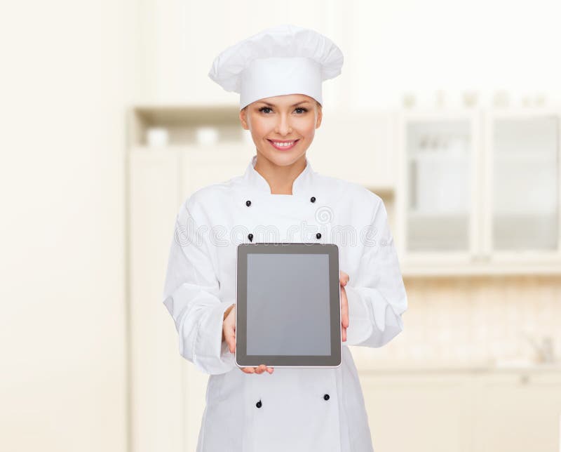 Smiling Female Chef with Tablet Pc Blank Screen Stock Image - Image of ...