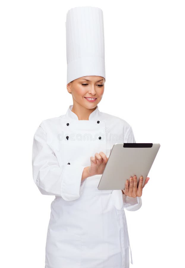 Smiling Female Chef with Tablet Pc Computer Stock Photo - Image of ...