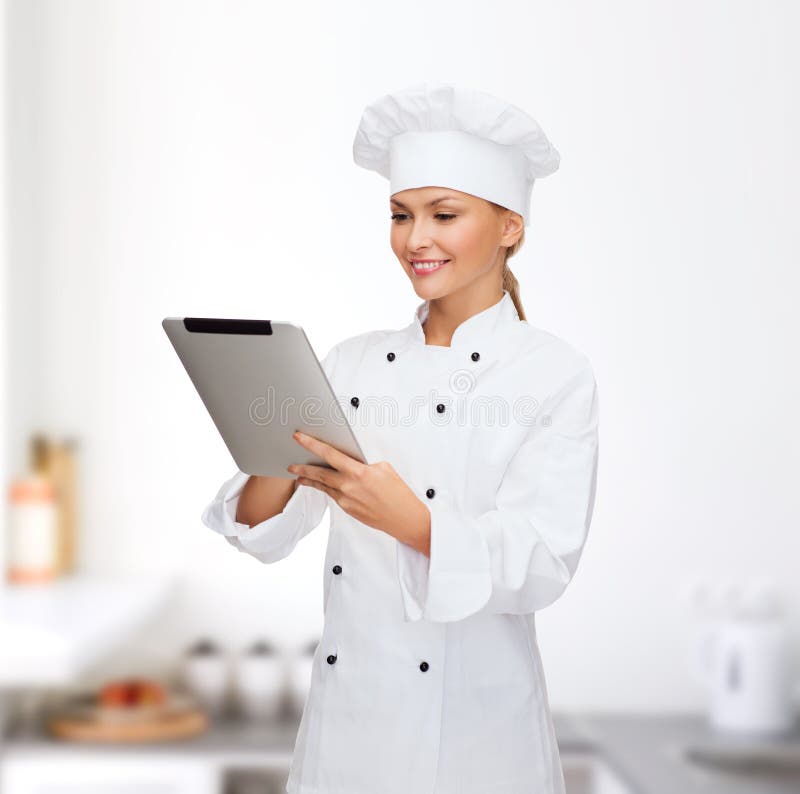 Smiling Female Chef with Tablet Pc Computer Stock Photo - Image of ...
