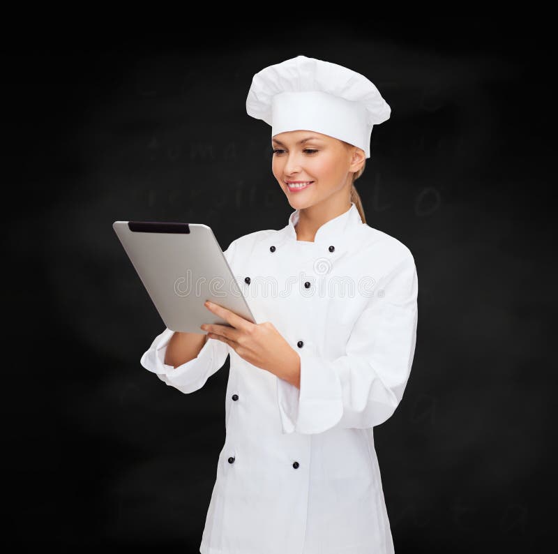Smiling Female Chef with Tablet Pc Computer Stock Image - Image of ...
