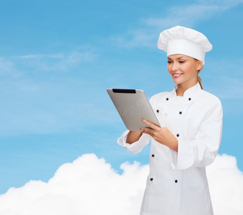Smiling Female Chef with Tablet Pc Computer Stock Image - Image of ...