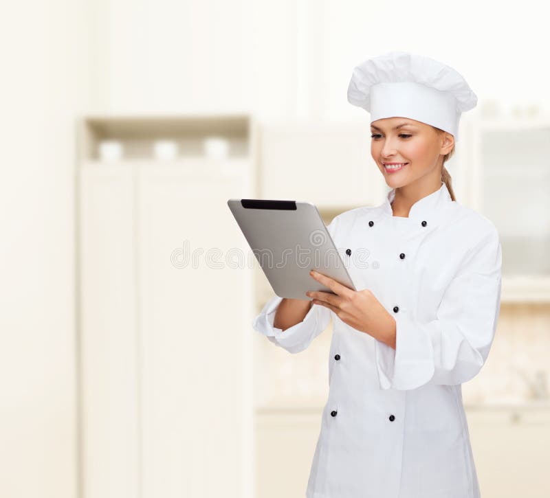Smiling Female Chef with Tablet Pc Computer Stock Image - Image of ...