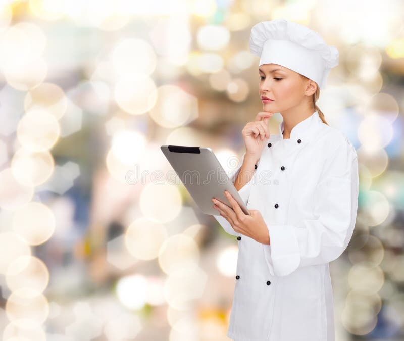 Smiling Female Chef with Tablet Pc Computer Stock Image - Image of ...