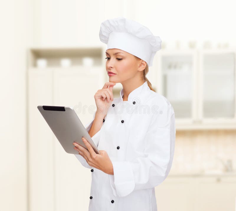 Smiling Female Chef with Tablet Pc Computer Stock Image - Image of ...