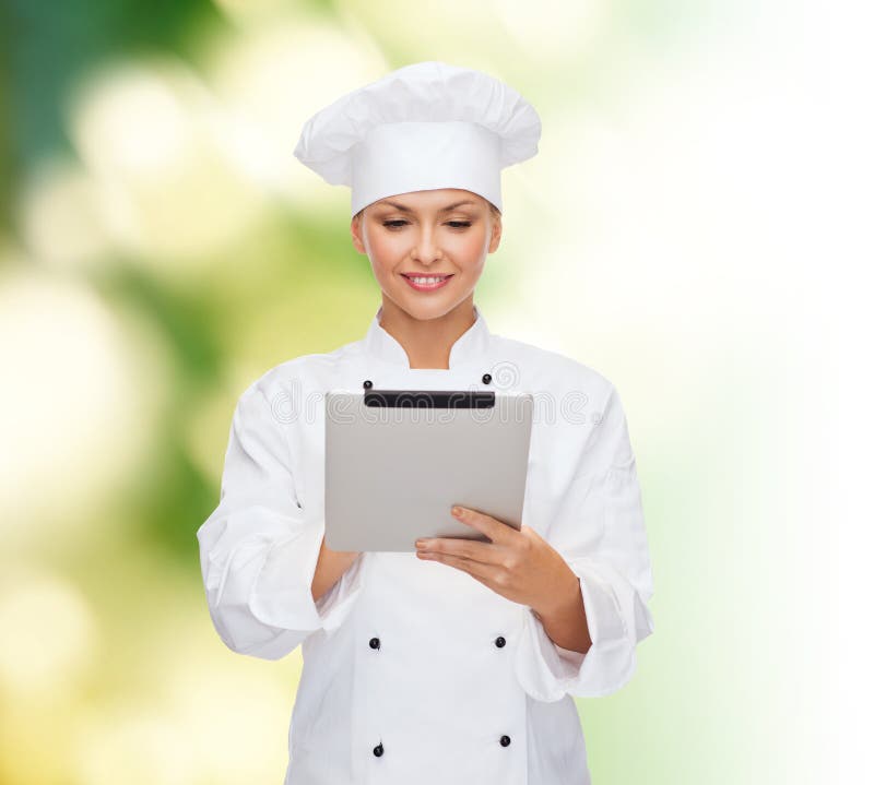 Smiling Female Chef with Tablet Pc Computer Stock Image - Image of ...